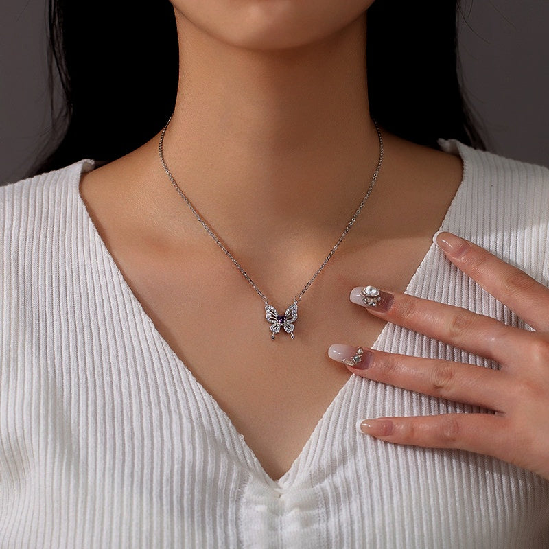 Sterling Silver Purple Diamond Heart Butterfly Necklace – Ella18