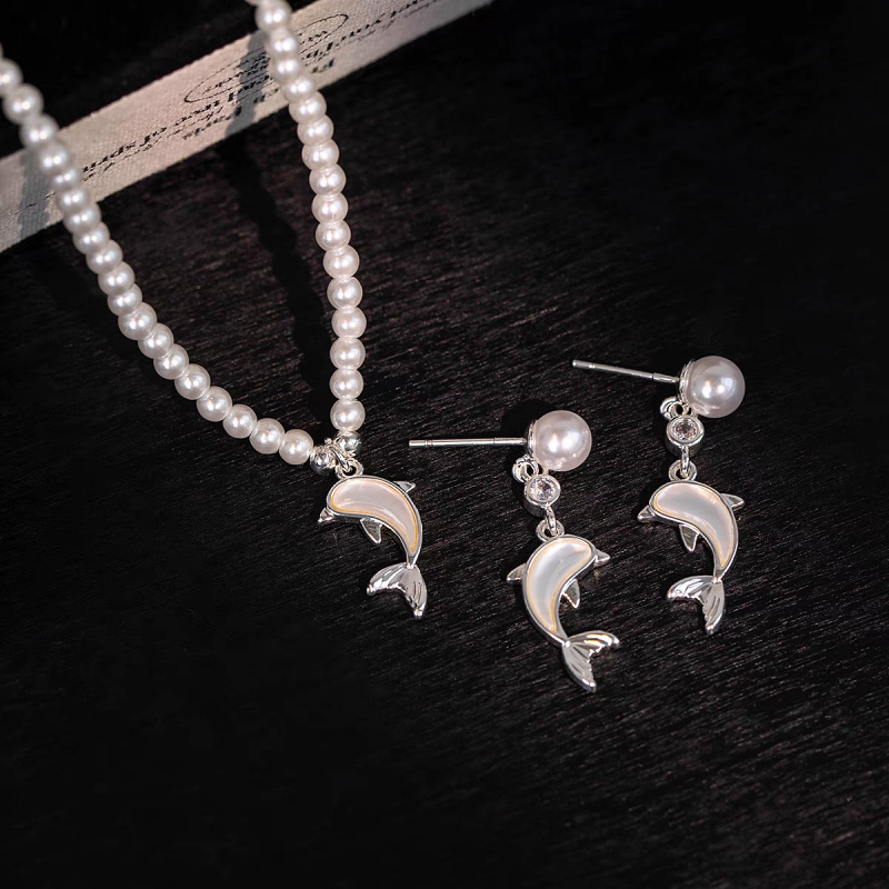 14K Gold-Plated Moonstone Dolphin Pearl Earrings And Necklace Set – Ella18