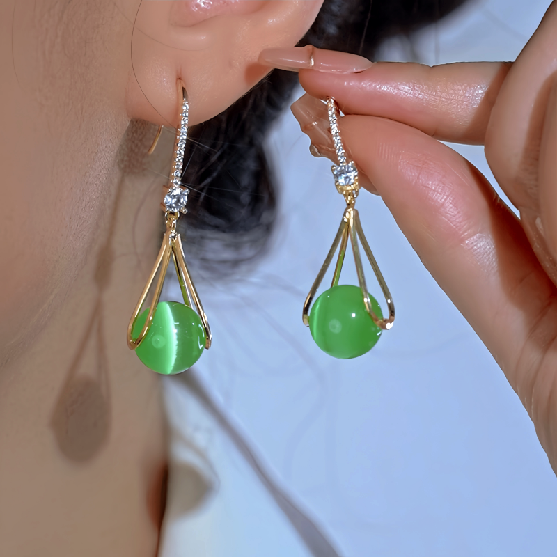 14K Gold-Plated Zircon Green Cat's Eye Bead Ear Hooks – Ella18