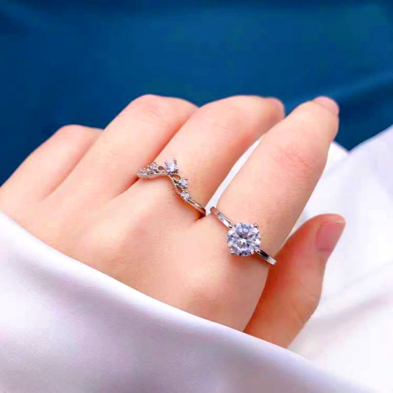 Sterling Silver Luxury Diamond Crown Two-In-One Open Adjustable Rings – Ella18